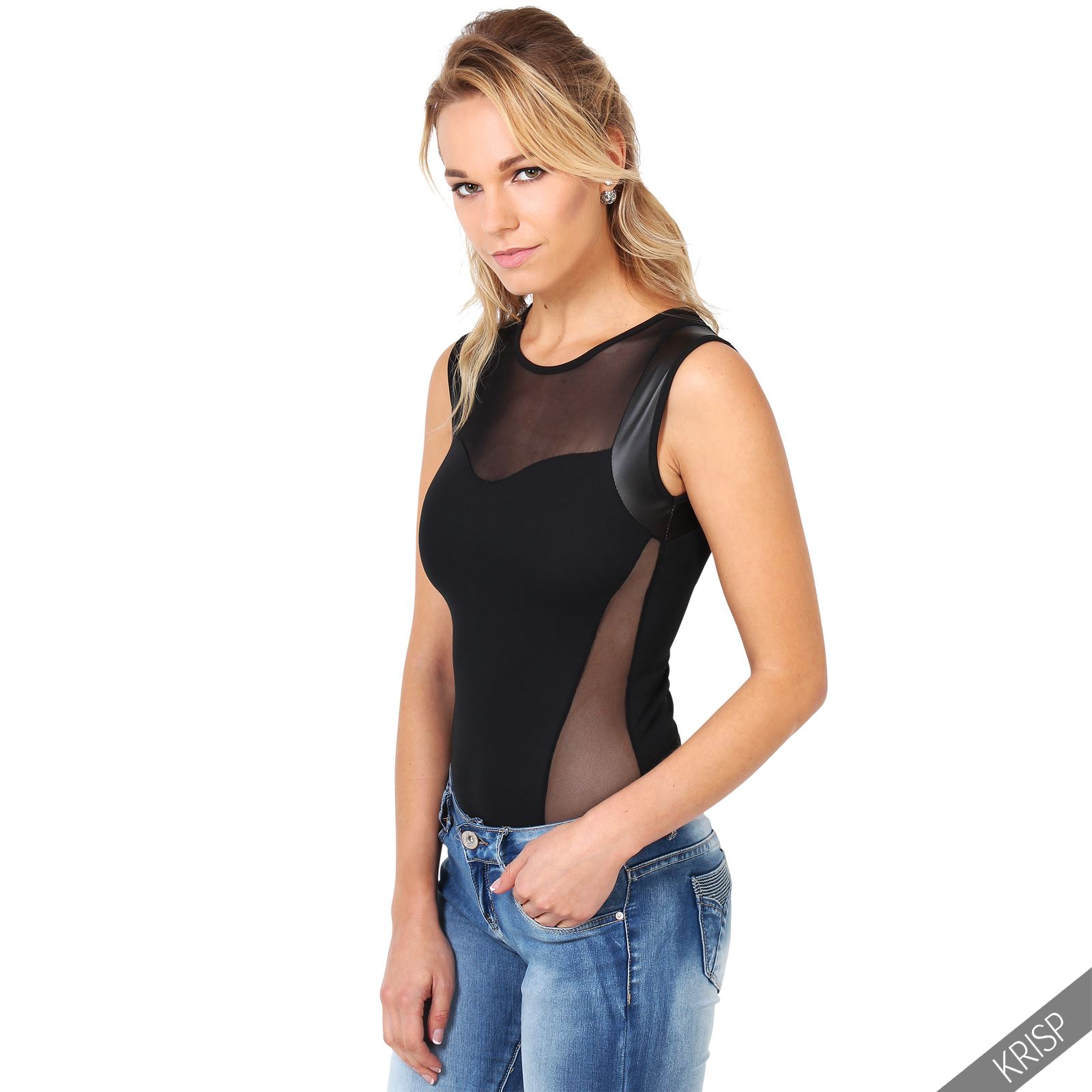 Womens Side Mesh Insert Stretch Vest Top Party Bodysuit Leotard Catsuit