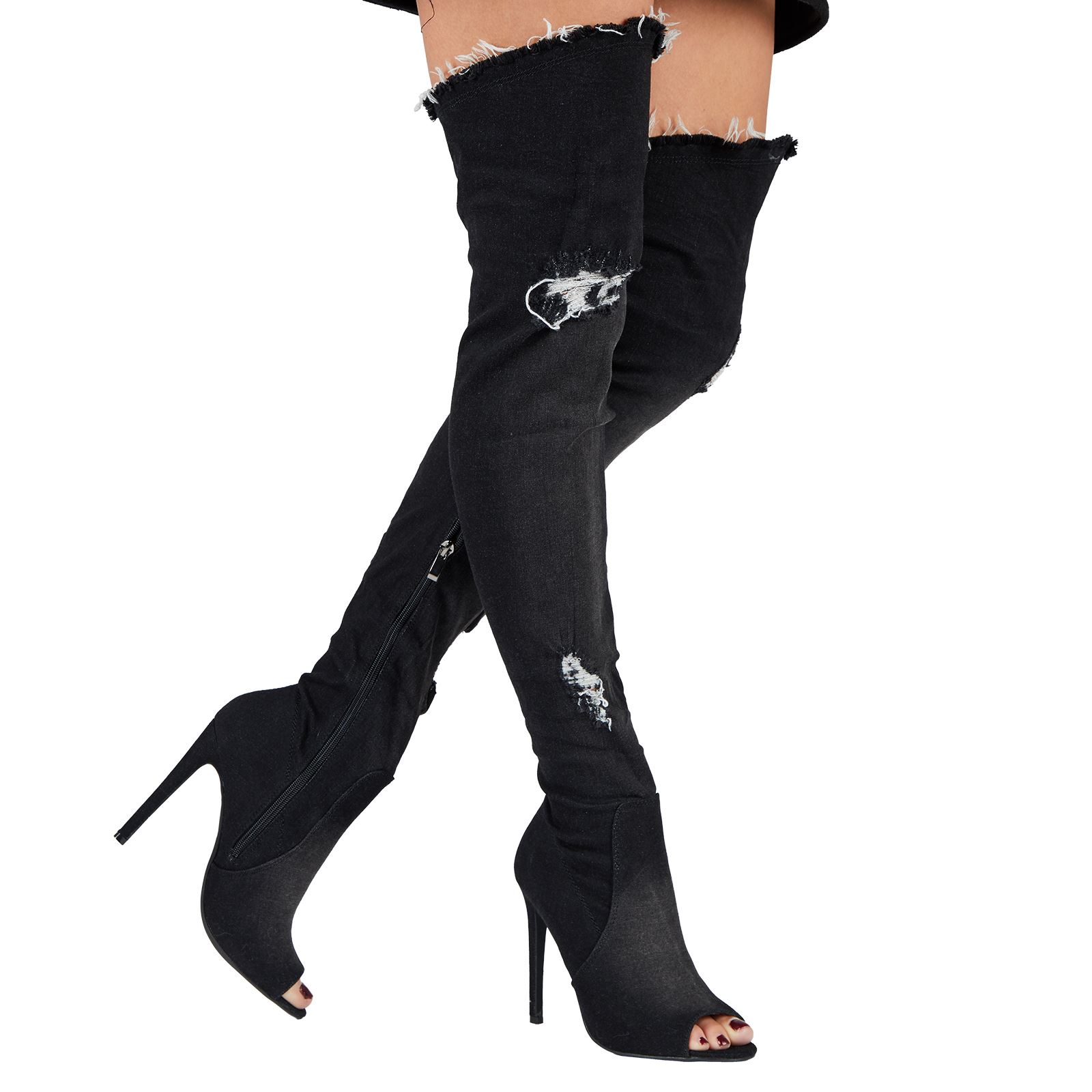 Jayda Womens Thigh High Heels Stilettos Over Knee Boots Denim Ladies