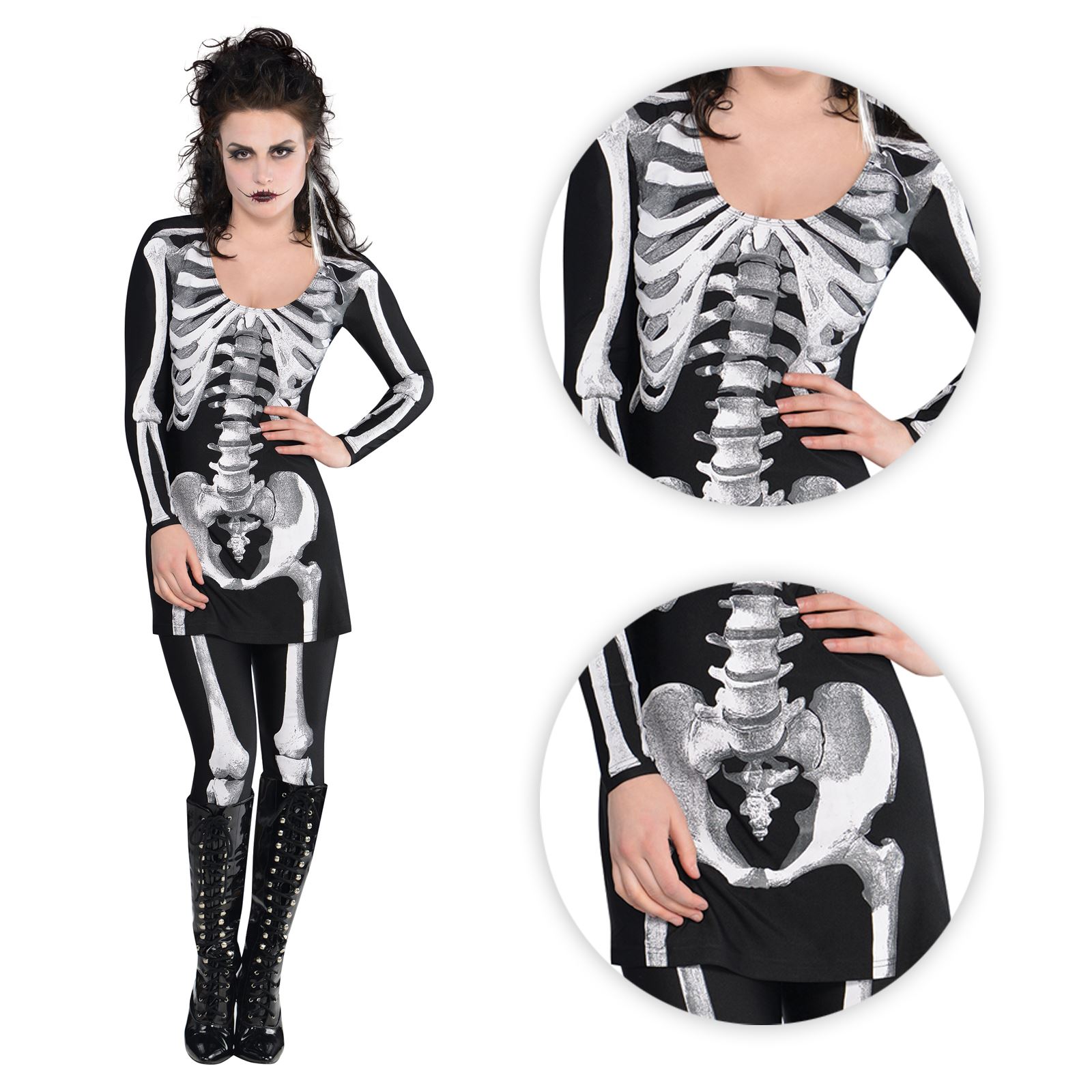 Ladies Bare Bones Skeleton Halloween Fancy Costume Tunic Dress Leggings
