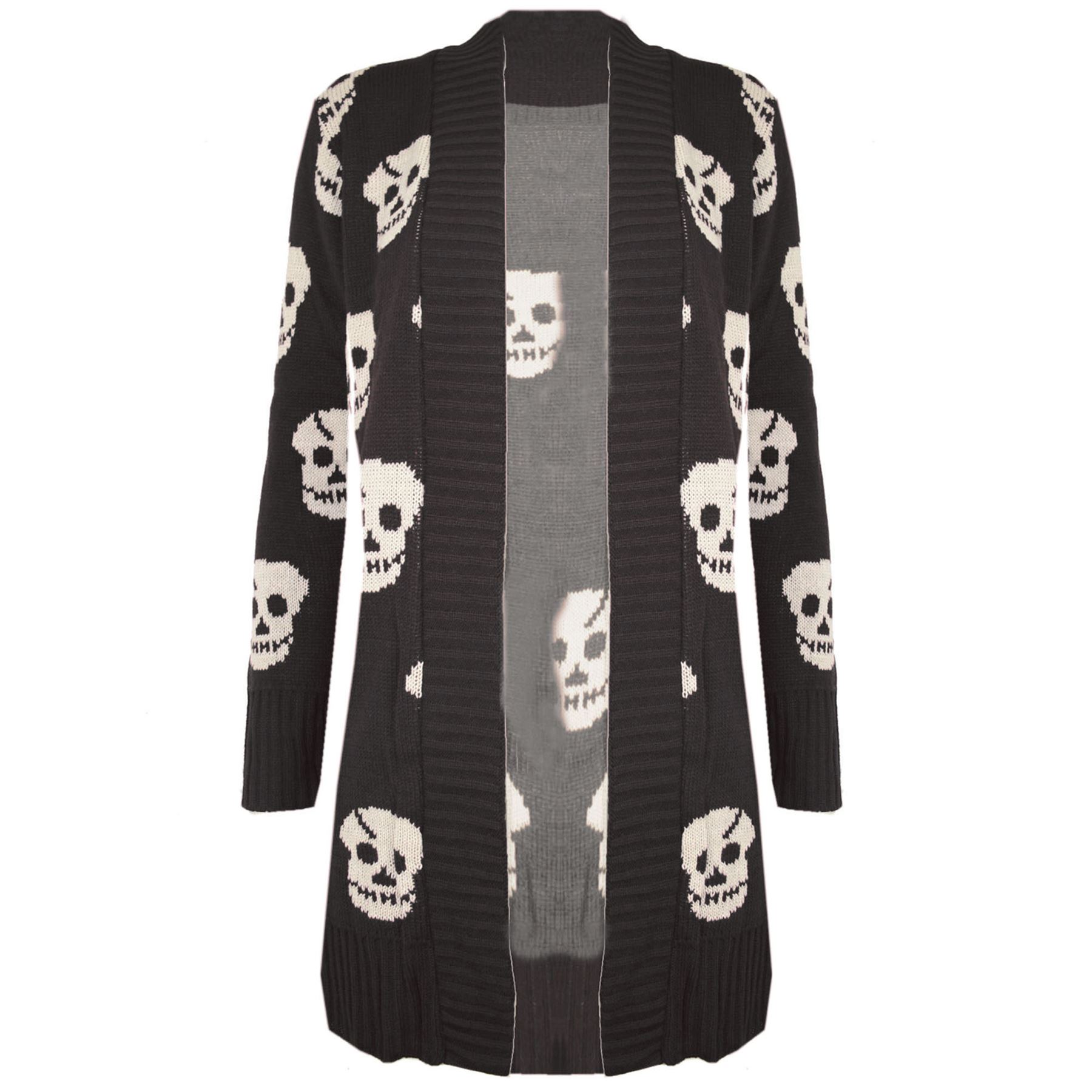 Womens Ladies Open Front Knitted Skull Bones Sweater Long Waterfall